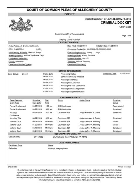 Greg Rudolph Conviction Docket Sheet Pdf Bail Criminal Record