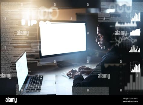 Black Man Overlay And Computer Screen With Cybersecurity On Fraud Or