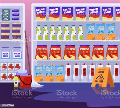 젖은 바닥 평면 스타일 벡터 일러스트레이션이 있는 상점 인테리어 건물 관리 서비스에 대한 스톡 벡터 아트 및 기타 이미지 건물 관리 서비스 경고 기호 과시함 Istock