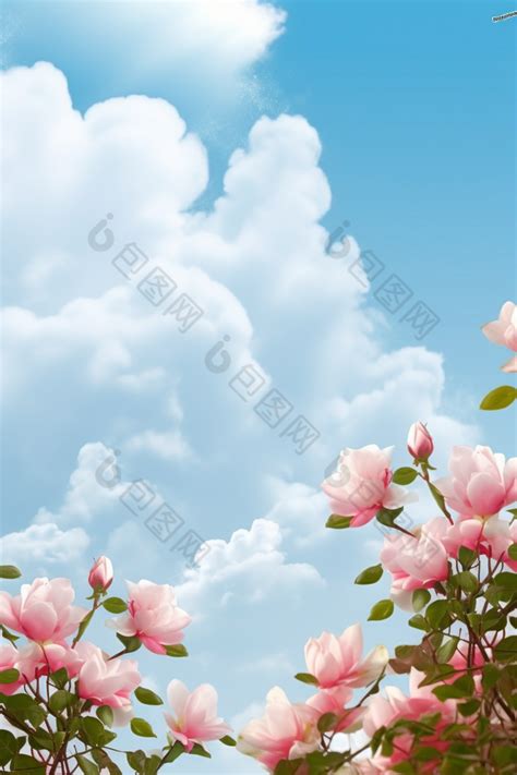 蓝天白云鲜花的玫瑰插画图片 包图网