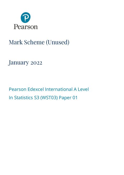 Pearson Edexcel IAL In AS A Level Mathematics Statistics S WST Paper Mark Scheme