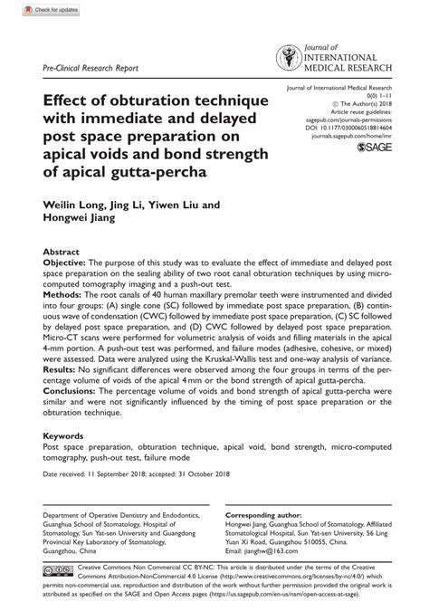 Pdf Effect Of Obturation Technique With Immediate And Delayed Post Space Preparation On Apical