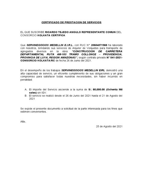 Certificado De Prestacion De Servicios Pdf