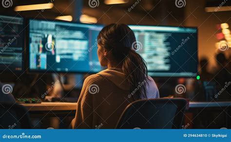 Candid Female Programmer Deeply Engrossed In Her Work Showcasing Passion And Focus In The World