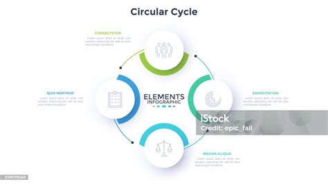 4개의 둥근 종이 흰색 요소가 있는 원형 구성표 4단계의 주기적 비즈니스 프로세스 개념 최소한의 인포그래픽 디자인 템플릿입니다 데이터 시각화를 위한 현대적인 평면 벡터