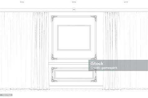커튼이 달린 두 개의 대형 창문 쪽모이 세공 마룻바닥의 카펫 사이의 고전적인 벽에 수평 포스터가 있는 현대적인 클래식 룸의 스케치 전면 보기입니다 거실에 대한 스톡 사진 및