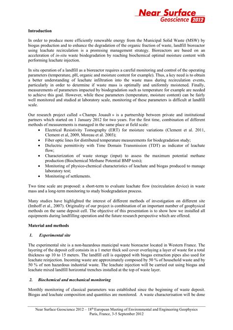 Pdf Innovative Project For In Situ Geophysical Instrumentation Of Bioreactor Landfill Short