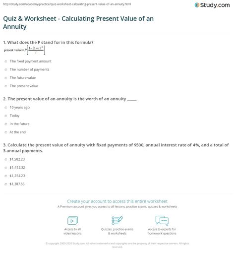 quiz and worksheet calculating present value of an annuity