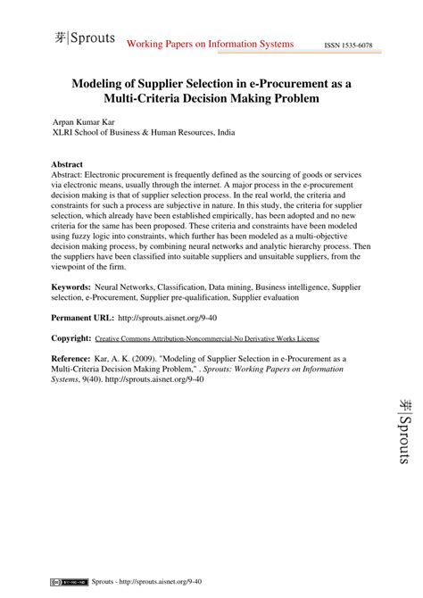 Pdf Modeling Of Supplier Selection In E Procurement As A Multi Criteria Decision Making Problem