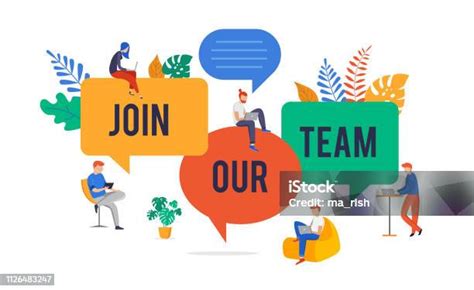 우리의 팀에 가입 우리는 이미지 거 대 한 음성 거품을 가진 젊은이의 그룹의 개념 벡터 일러스트 레이 션을 고용 개념에 대한