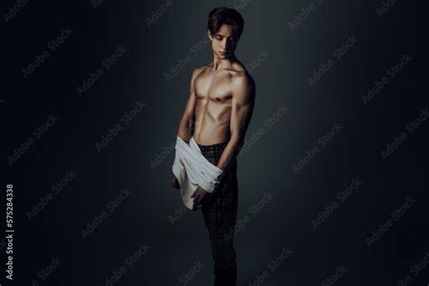 Poster Slim And Bony Male Body Get Undressed While Man Take Of His