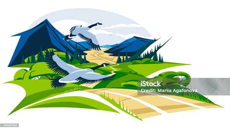거위는 산 계곡의 푸른 초원을 날아갑니다 언덕을 통과하는 길 침엽수 림 풍경 계절 플랫 벡터 일러스트 레이 션 거위 새에 대한 스톡 벡터 아트 및 기타 이미지 Istock