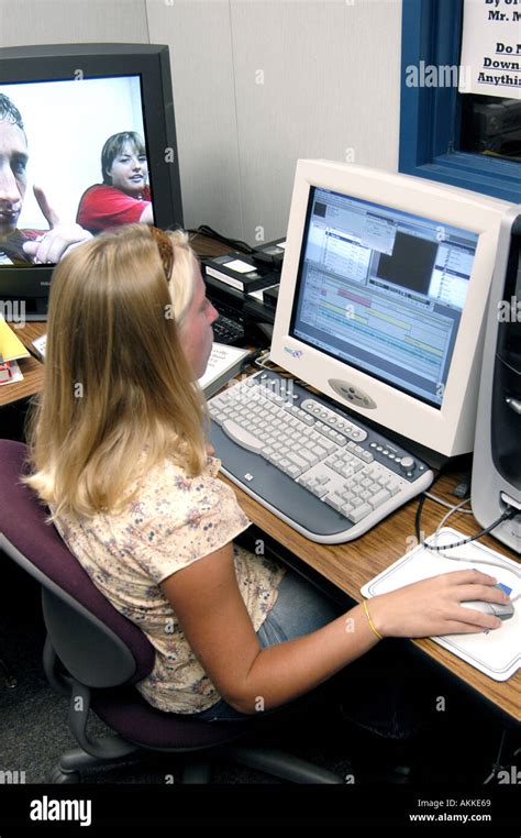 High Babe Female Works On Computer In Graphic Artist Class Stock Photo Alamy