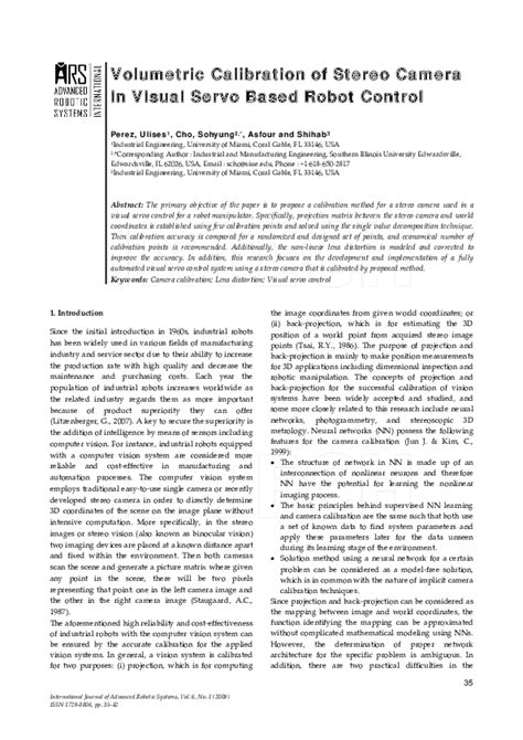 Pdf Volumetric Calibration Of Stereo Camera In Visual Servo Based