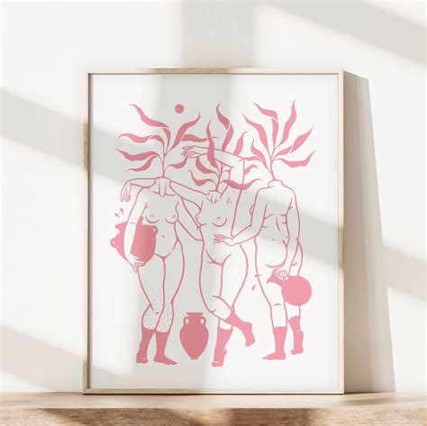 Triplets Dancing Women Line Art Body Positive Nude Wall Art Plant