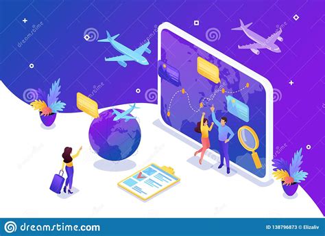 Isometric Bright Concept Site Concept Tourists Look At The Globe And