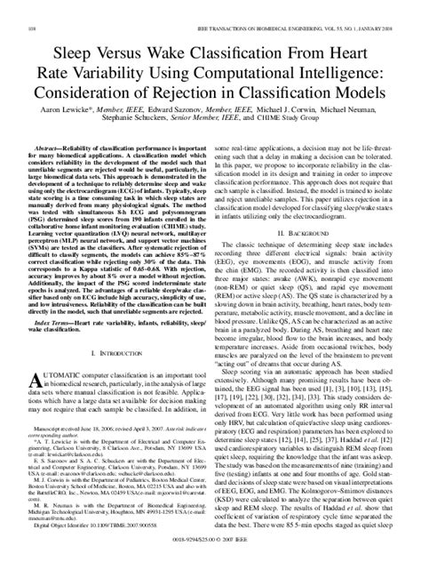 Pdf Sleep Versus Wake Classification From Heart Rate Variability Using Computational