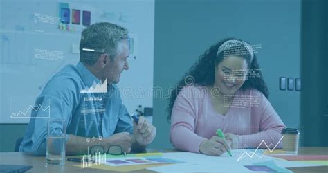 Analyzing Data Charts And Graphs Animation Over Colleagues Collaborating In Office Stock Footage