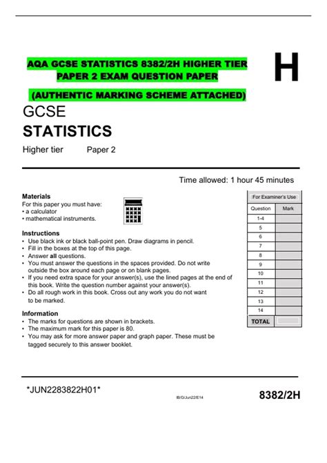Aqa Gcse Statistics 8382 2h Higher Tier Paper 2 Exam Question Paper Authentic Marking Scheme