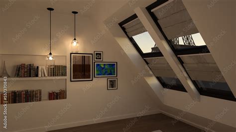 Poster テレビ会議背景用 Zoom会議背景用 Cg 部屋 本棚 書斎 窓 パリ ロフト 窓からエッフェル塔が見える For Using