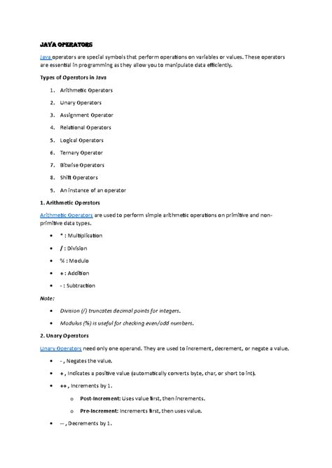 Java Operators Overview Types Precedence And Usage Studocu