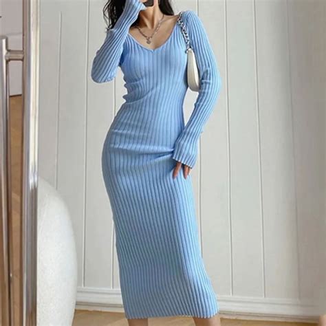 Wenque แขนยาวแขนยาว ชุดเดรสแขนยาว อีลาสติก คอวีแบบสั้น เดรสบอดี้คอนถักเข้ารูป แฟชั่นสำหรับ