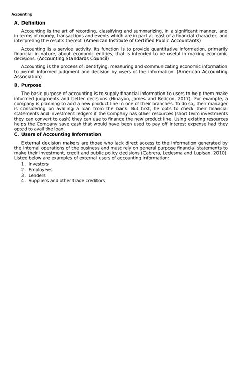 Accounting Definition Accounting Is The Art Of Recording Classifying And Summarizing In A