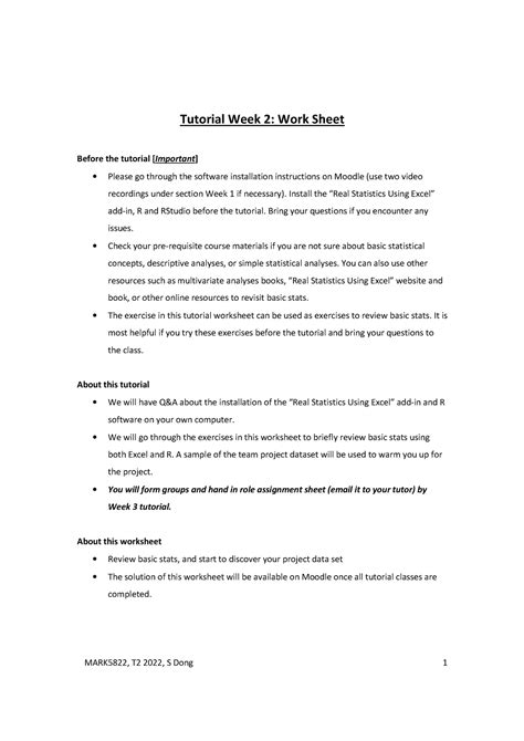 Tutorial Week 2 Work Sheet Tutorial Week 2 Work Sheet Before The Tutorial Important