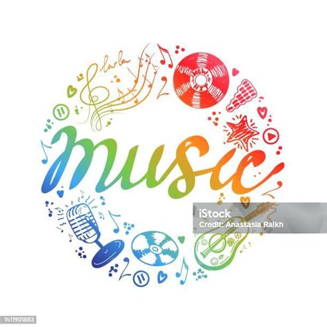 원에 음악 요소가있는 프레임 스케치 스타일로 손으로 그립니다 손으로 그린 음악 비문이있는 서클 프레임 비닐 레코드 오래된 마이크 등 흰색 배경에 무지개 요소 25 센트에