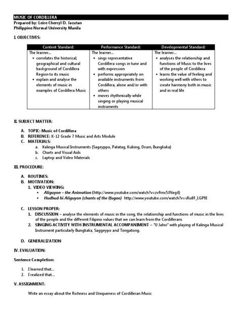 Prototype Lesson Plan In Music