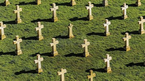 War Memorial Cemetery With Numerous Crosses In Green Field Stock Illustration Illustration Of
