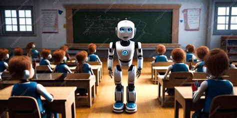 Premium Ai Image Photograph Of A Robotic Teacher Stands At The Chalkboard At The Head Of The