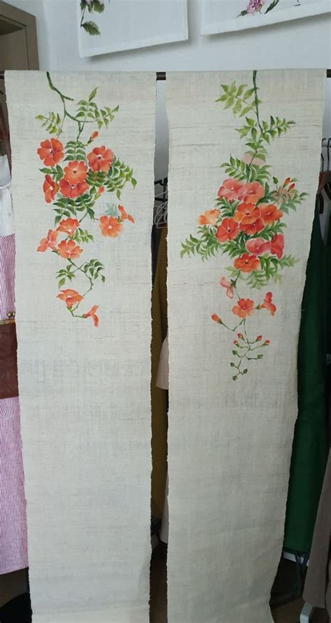 삼베발에 능소화 직물 페인팅 꽃그림 나무 미술