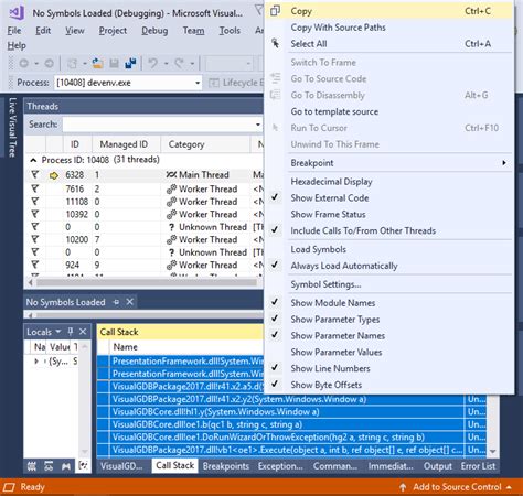 VisualGDB Obtaining A Visual Studio Stack Trace