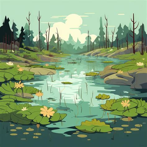 Whimsical Cartoon Landscape Of Serene River And Wetland Stock