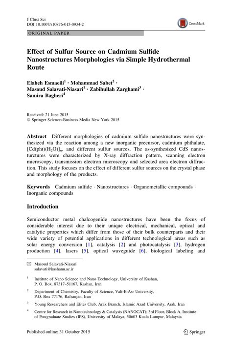 Pdf Effect Of Sulfur Source On Cadmium Sulfide Nanostructures Morphologies Via Simple