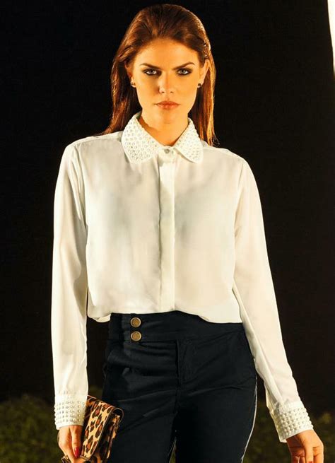 Camisa Chiffon Com Aplicação De Pérola Off White Quintess
