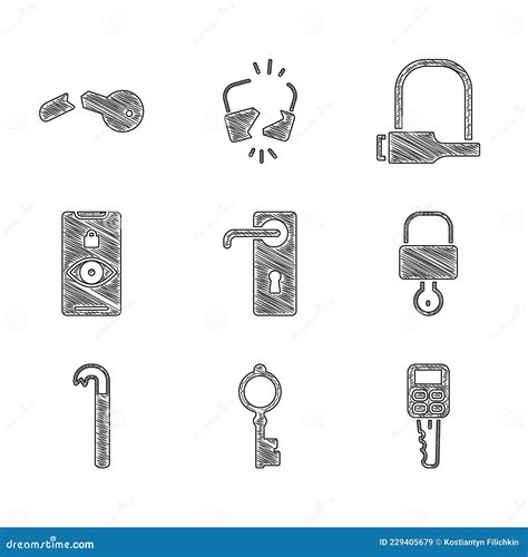 Set Door Handle Old Key Car With Remote Lock Crowbar Eye Scan Bicycle Lock And Broken Icon