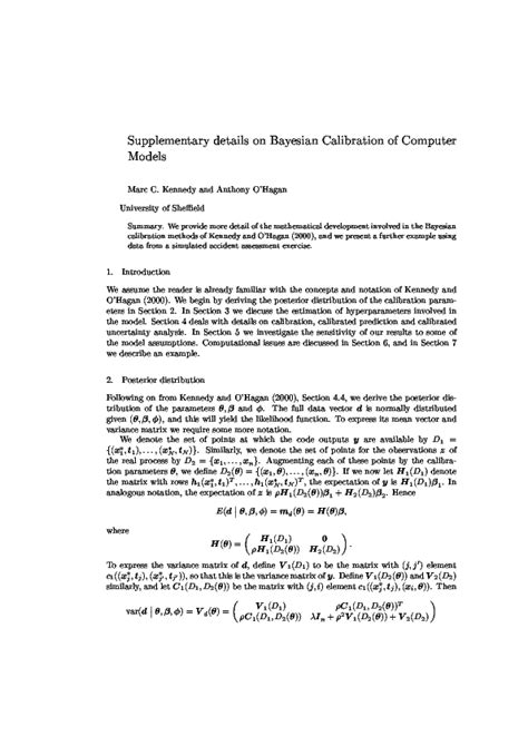Pdf Supplementary Details On Bayesian Calibration Of Computer Models