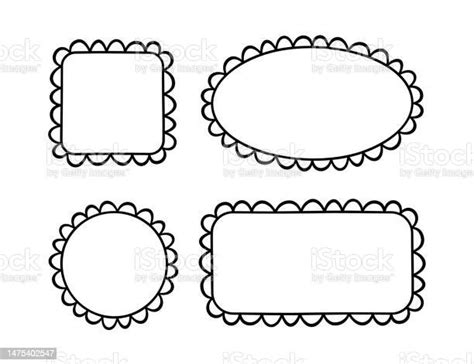 낙서 원과 사각형 가리비 프레임 손으로 그린 가리비 가장자리 사각형과 타원 모양 간단한 라벨 양식 플라워 실루엣 레이스 프레임 흰색 배경에 격리된 벡터 그림 가리비에 대한