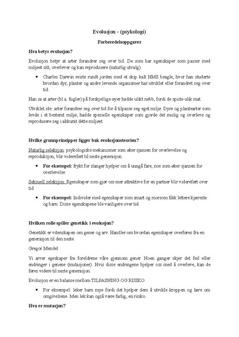Evolusjon Forberedelsesoppgaver Evolusjon Psykologi