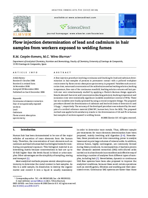 Pdf Flow Injection Determination Of Lead And Cadmium In Hair Samples From Workers Exposed To