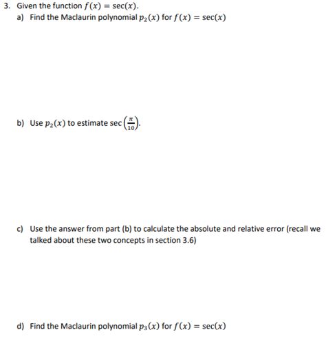 solved 3 given the function f x sec x a find the