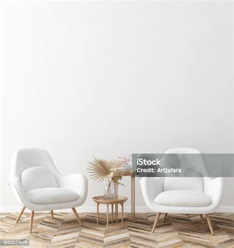 흰색 안락 의자와 테이블에 마른 꽃 흰색 벽 모의 배경 거실 인테리어 흰색에 대한 스톡 사진 및 기타 이미지 흰색 암체어 실내 Istock