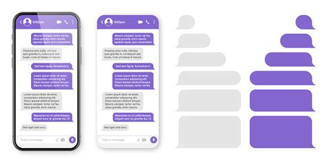 메시징 응용 프로그램과 현실적인 스마트 폰 빈 Sms 텍스트 프레임입니다 보라색 메시지 거품 대화 채팅 화면 소셜 미디어 응용 프로그램 벡터 일러스트레이션 Brand