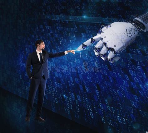 Man Machine Interaction Between Human And A Digital Hand Stock Photo Image Of Experience