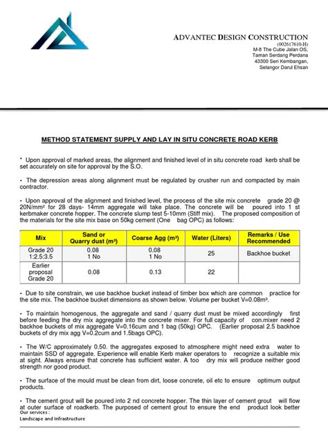 Method Statement Kerb Cast In Situ Site Mix For Merge Pdf Concrete Road