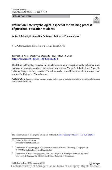 Retraction Note Psychological Aspect Of The Training Process Of Preschool Education Students
