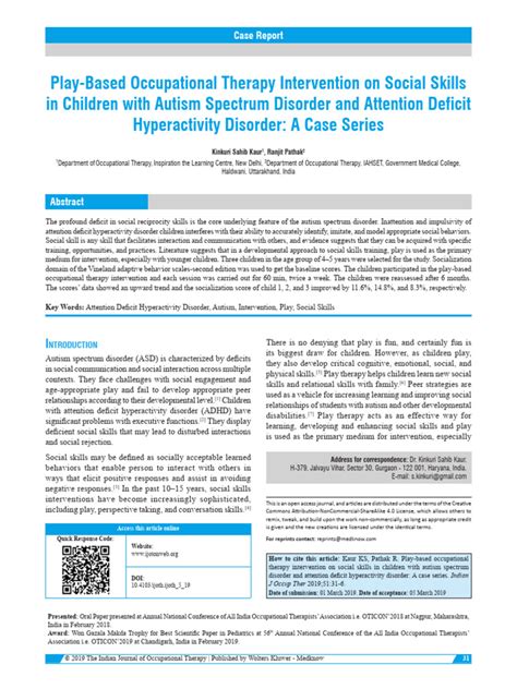Play Based Occupational Therapy Intervention On7 Pdf Autism