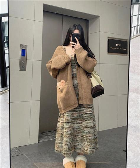 44 99 웜톤강추 브라운 따듯 빅사이즈 가디건 롱원피스 세트 에이블리